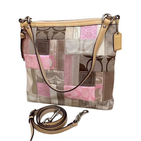 Coach | Bags | Coach Khakitanpink Signature Patchwork Slim Messenger ...